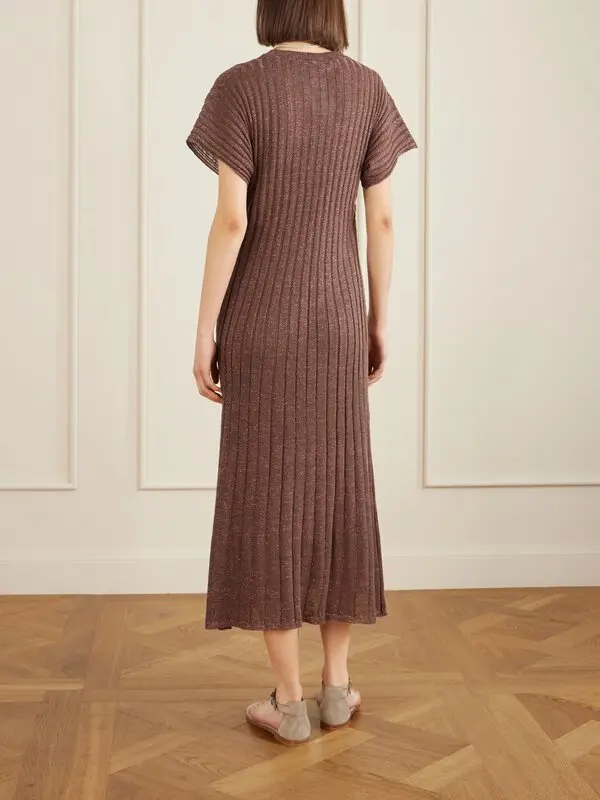 Brunello Cucinelli Metallic Ribbed Knit Midi Dress