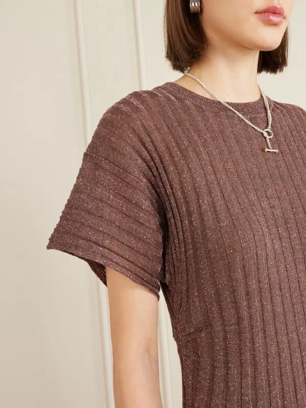 Brunello Cucinelli Metallic Ribbed Knit Midi Dress
