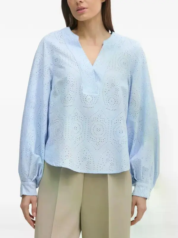MOS MOSH Perforated Geometric Pattern V-neck Blouse - Blue