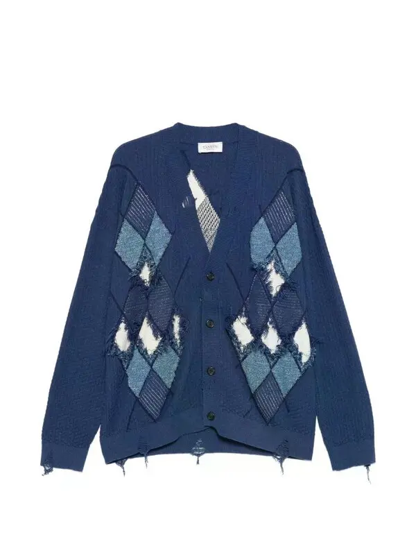 LANEUS Long-sleeve Cardigan With Distressed Argyle Detailing