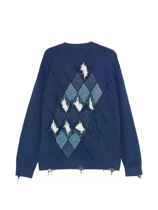 LANEUS Long-sleeve Cardigan With Distressed Argyle Detailing