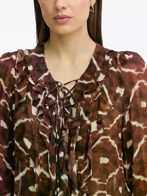 PEDRO DEL HIERRO All-over Pattern Ruffle Trim Long Sleeve Top