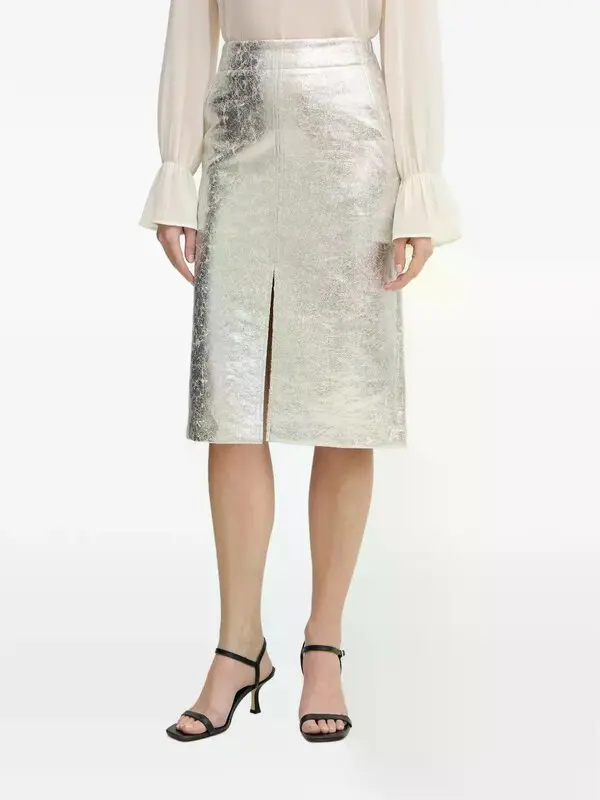 OUI Front Slit Midi Pencil Skirt - Silver