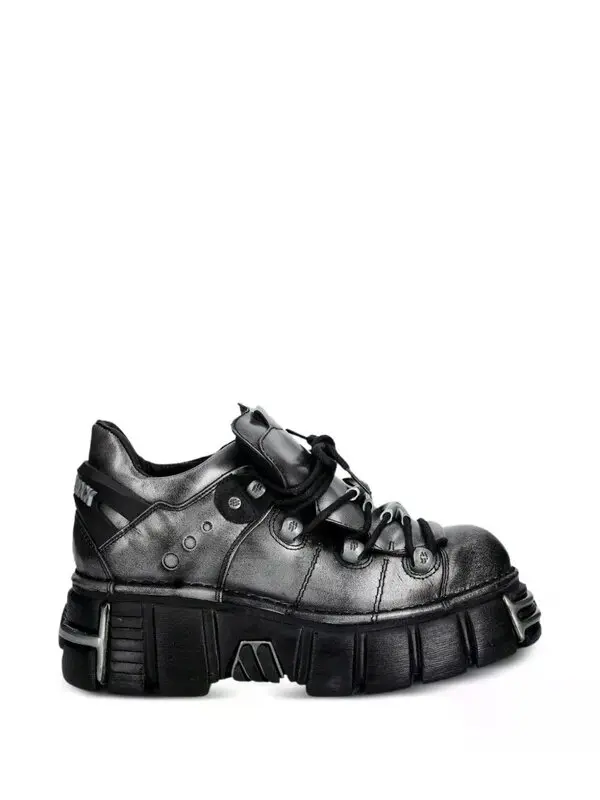 NEW ROCK Silver Tone Lace-up Lug Sole Trainers - Grey