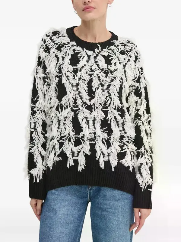 OUI Fringed Knitted Round Neck Sweater - Black