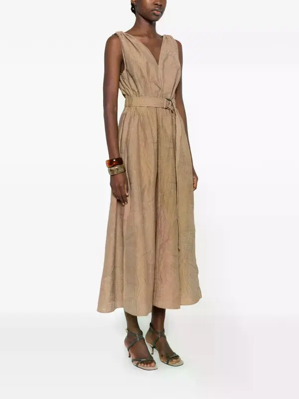 Brunello Cucinelli V-neck Belted Midi Dress - Brown