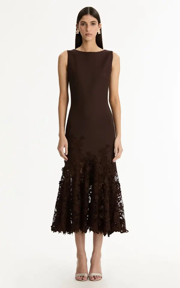 Oscar De La Renta Porcelain Flowers Guipure Midi Dress - Brown