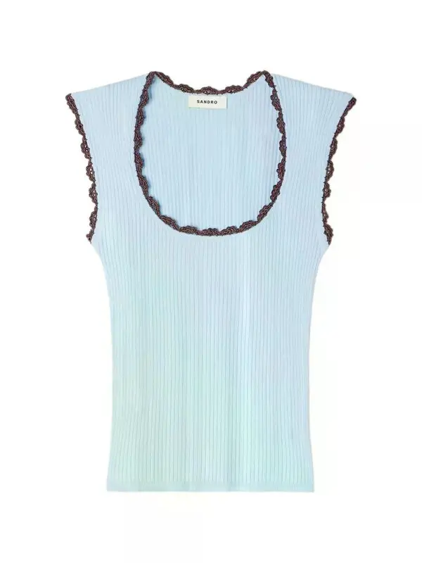 Sandro Sleeveless Ribbed Knit Top With Crochet Trim - Blue