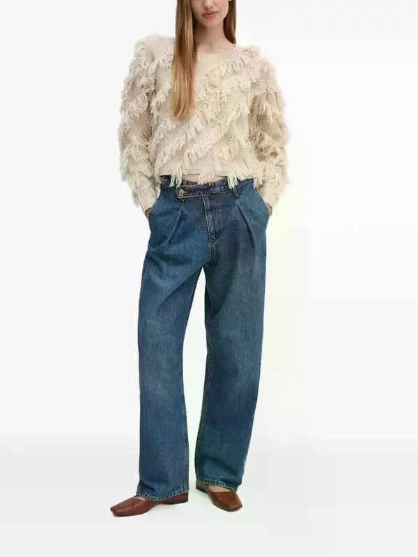 OUI Fringe Detail Round Neck Long Sleeve Sweater - Neutrals