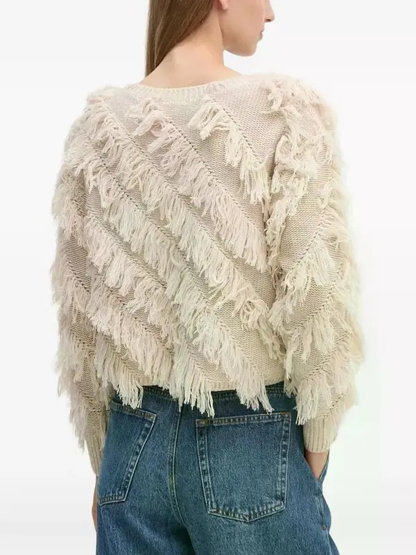 OUI Fringe Detail Round Neck Long Sleeve Sweater - Neutrals