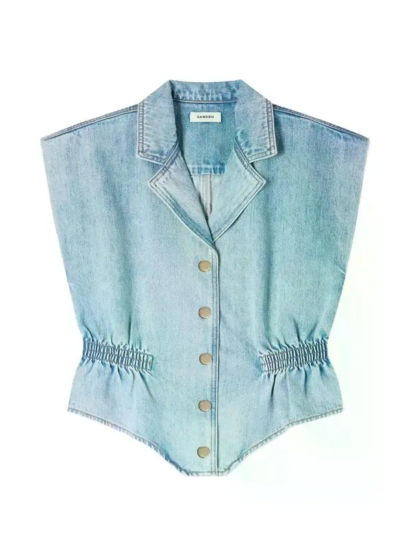 Sandro Fitted Denim Top With Tailored Collar And Asymmetrical Hem - Blue