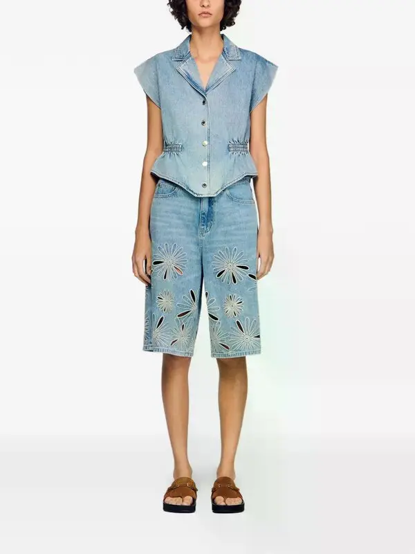 Sandro Fitted Denim Top With Tailored Collar And Asymmetrical Hem