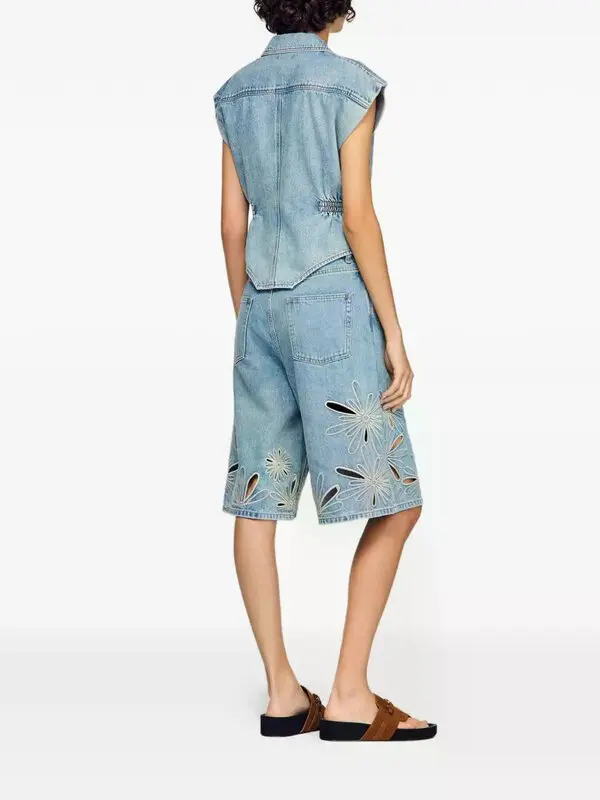 Sandro Fitted Denim Top With Tailored Collar And Asymmetrical Hem