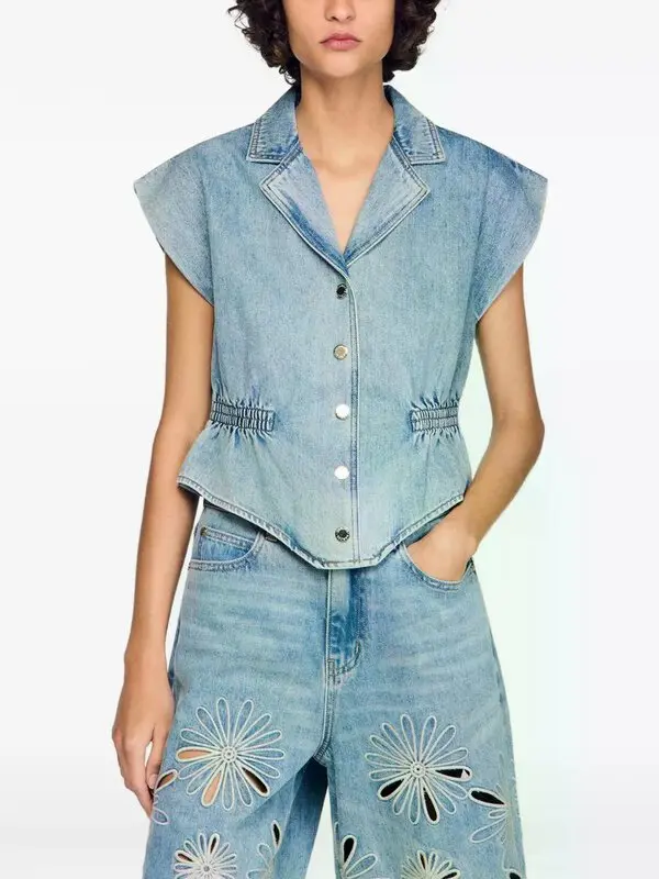 Sandro Fitted Denim Top With Tailored Collar And Asymmetrical Hem