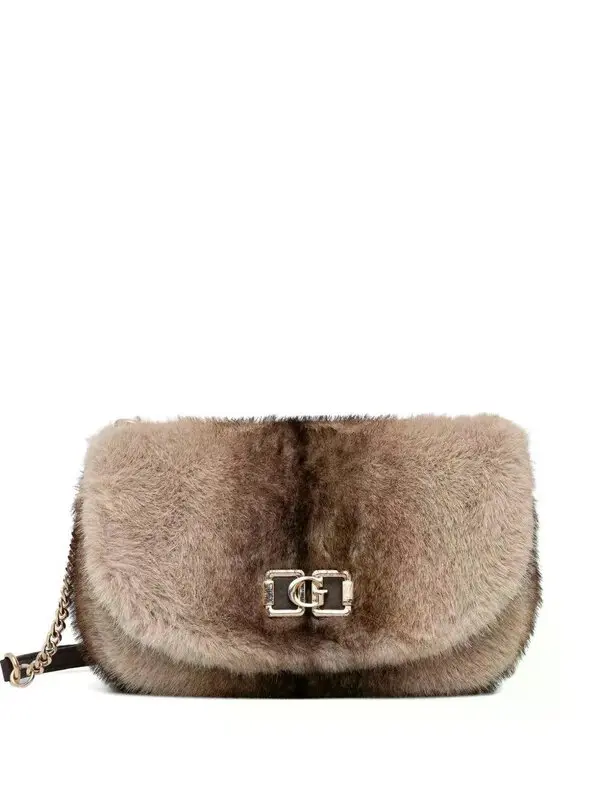Guess Faux Fur Logo Plaque Satchel Bag