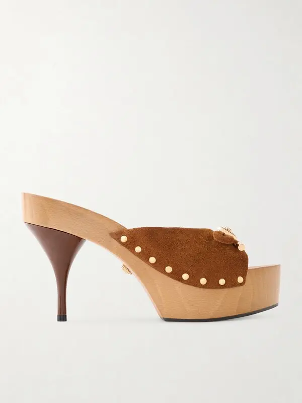 Versace Opera Bow Embellished Suede Clogs - Brown
