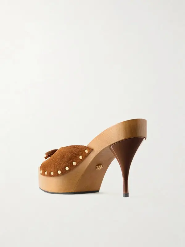 Versace Opera Bow Embellished Suede Clogs - Brown