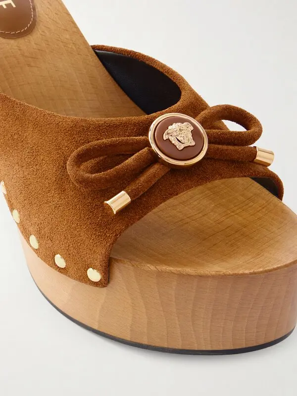 Versace Opera Bow Embellished Suede Clogs - Brown