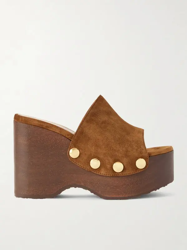 GIANVITO ROSSI Ardea 60 Studded Suede Platform Wedge Mules - Brown