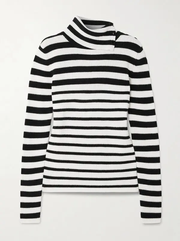 LISA YANG Sabrine Striped Button-detailed Ribbed Cotton And Cashmere-blend Turtleneck Sweater - Black