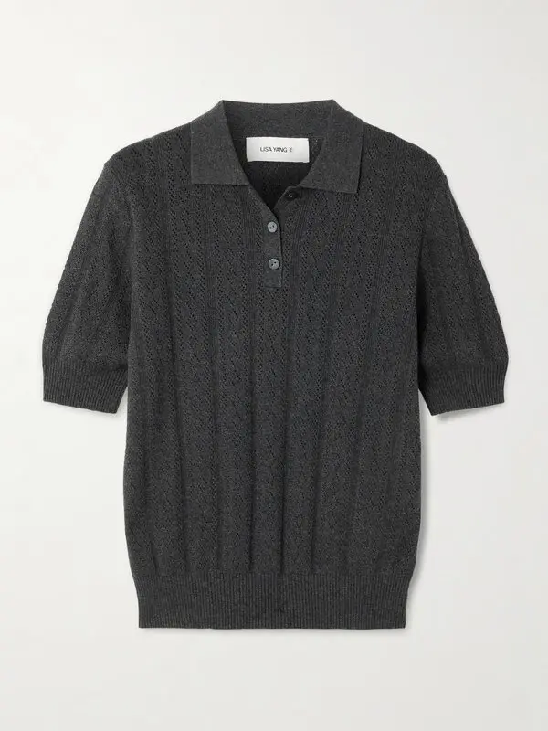 LISA YANG Cristine Pointelle-knit Cotton And Cashmere-blend Polo Shirt - Gray