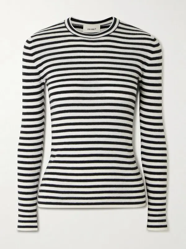 LISA YANG Vivian Striped Ribbed Cotton And Cashmere-blend Top - Black