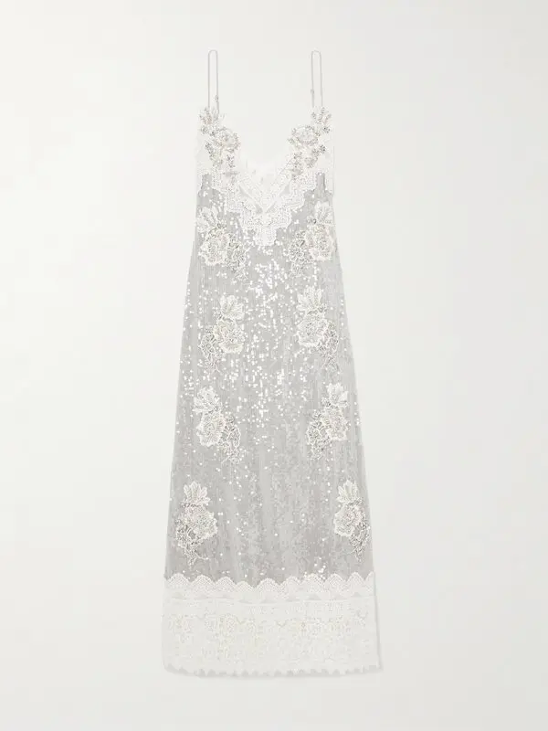 Erdem Embellished Sequined Georgette Midi Dress With Lace Trim - Silver