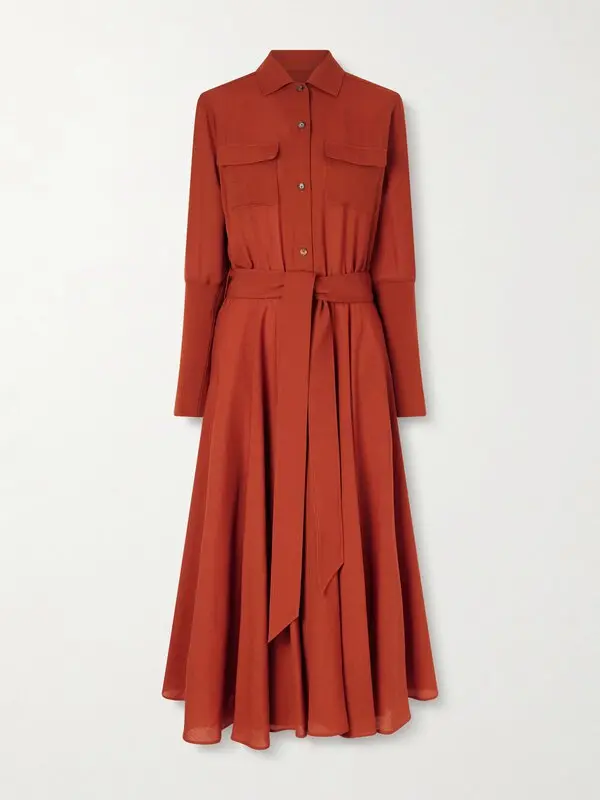 Loro Piana Verlaine Belted Wool Midi Shirt Dress - Red