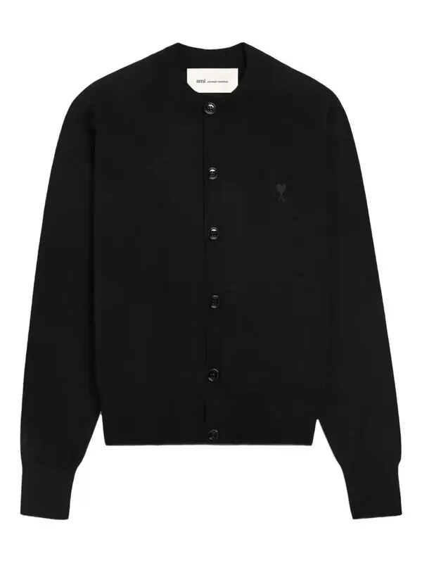 AMI Paris Wool Crewneck De Coeur Cardigan - Black
