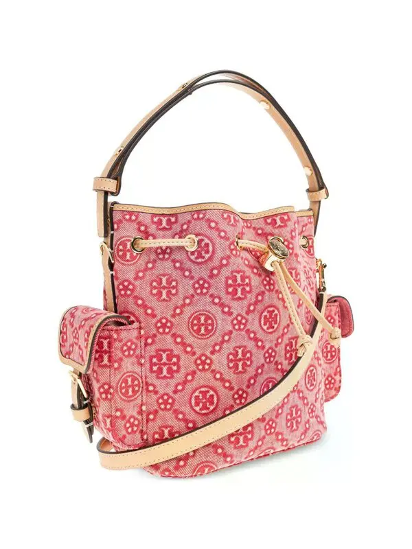 Tory Burch T Monogram Denim Bucket Bag - Red