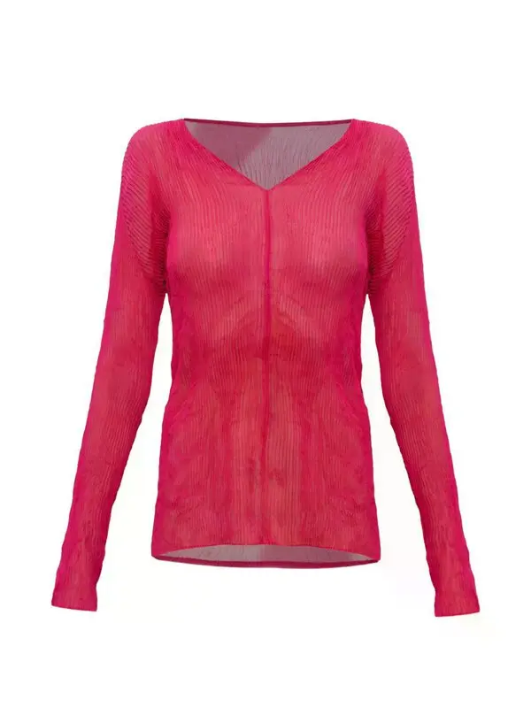 Issey Miyake Pleated V-neck Long Sleeve Top