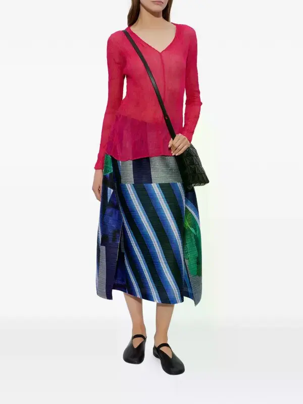 Issey Miyake Pleated V-neck Long Sleeve Top