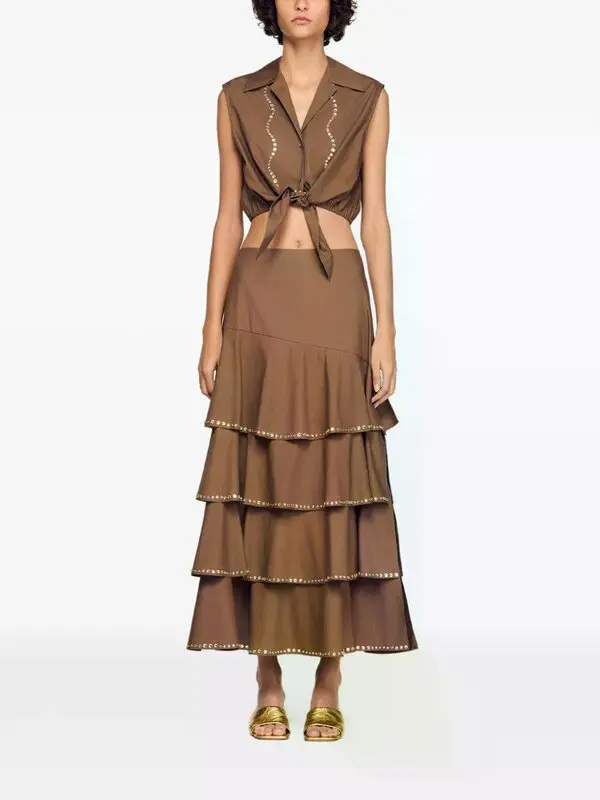 Sandro Embellished Cropped Cotton Shirt - Brown