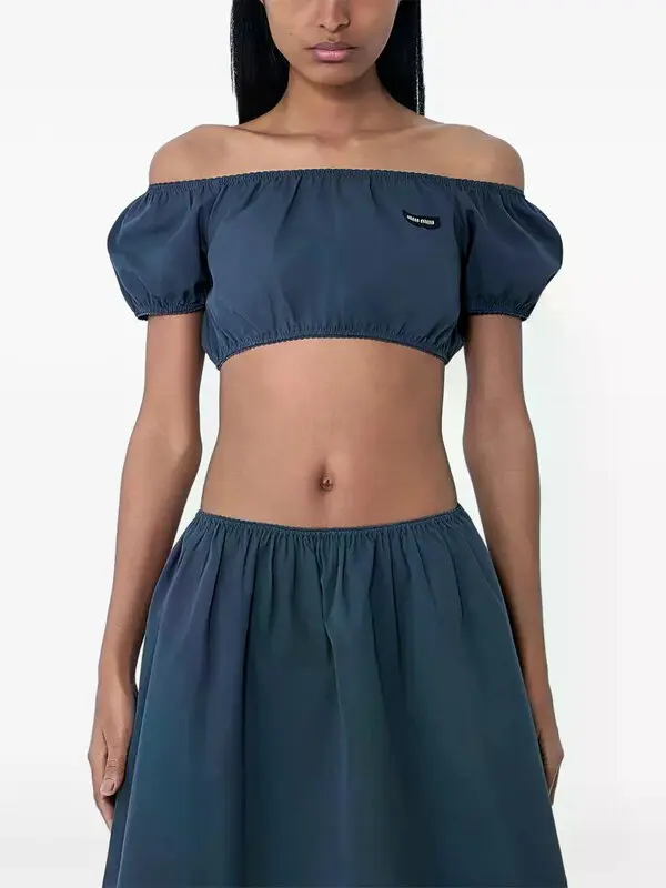 Miu Miu Gathered Off-shoulder Puff Sleeve Cropped Top - Blue
