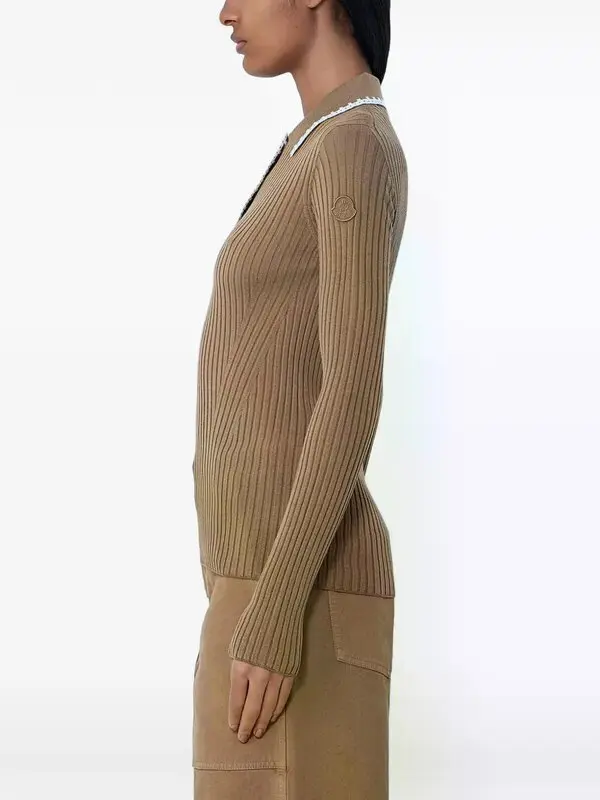 Moncler Ribbed Knit Polo Top - Brown