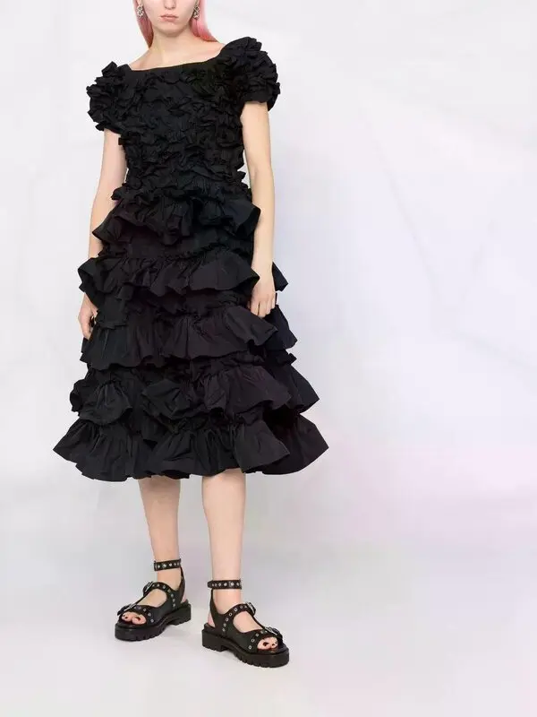 Red Valentino Ruffled Flared Dress With Puff Sleeves