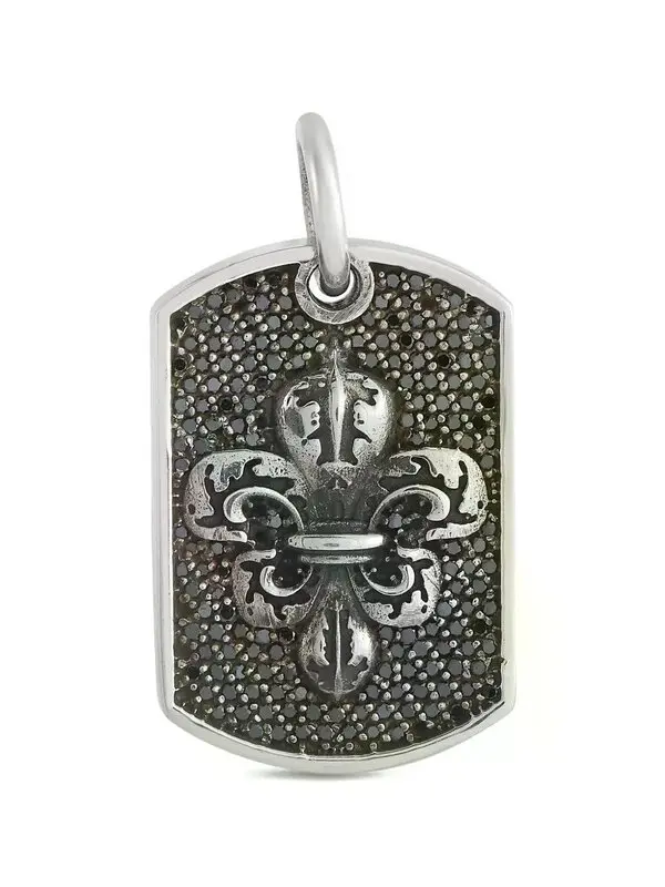 KING BABY STUDIO And Black Diamond Fleur-de-lis Dog Tag Pendant - Silver