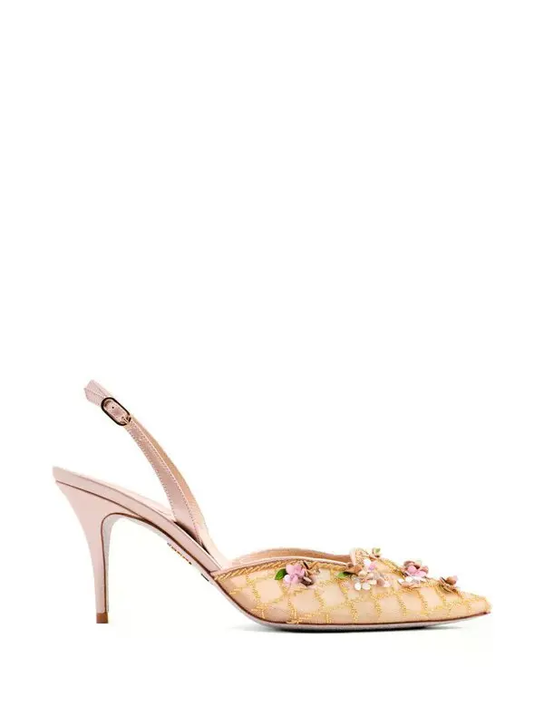 Rene Caovilla Floral Embellished Pointed Toe Slingback Pumps - Neutrals