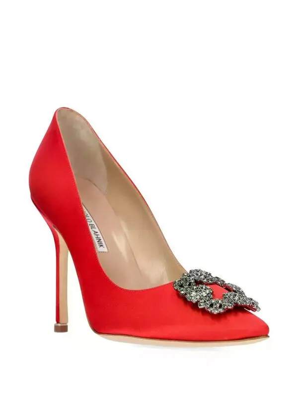 Manolo Blahnik Satin Jewel Buckle Pointed Toe Pumps - Red