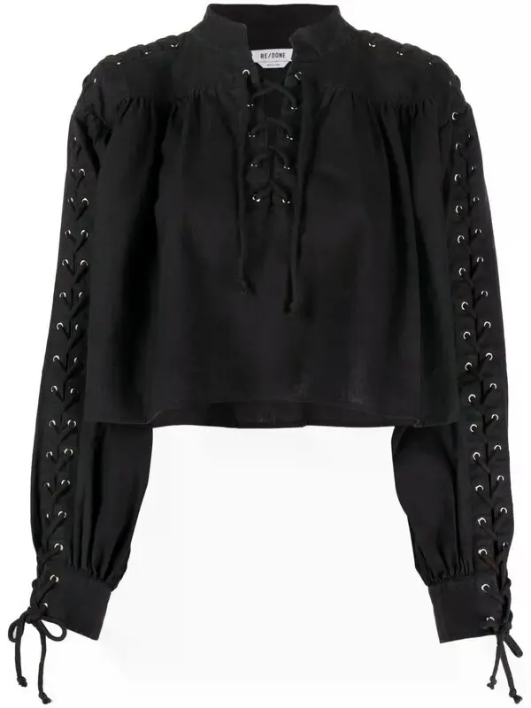 RE/DONE Lace-up Cropped Blouse - Black