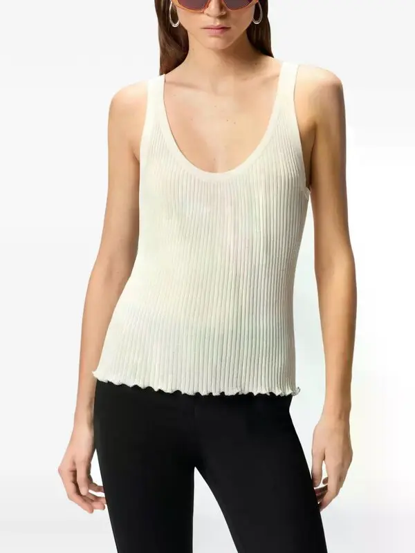 Pinko Ribbed Knit Tank Top With Ruffle Detail - Neutrals
