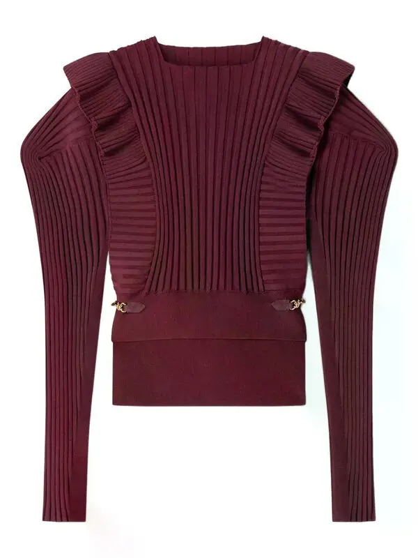 LANVIN Ribbed Knit Ruffled Long Sleeve Sweater - Red