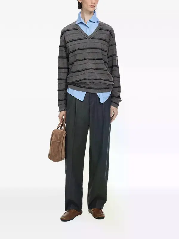 JNBY Striped V-neck Long Sleeve Top - Grey