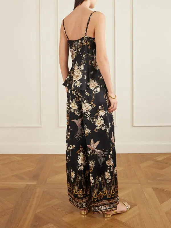 Camilla Asymmetric Draped Embellished Printed Silk-satin Top