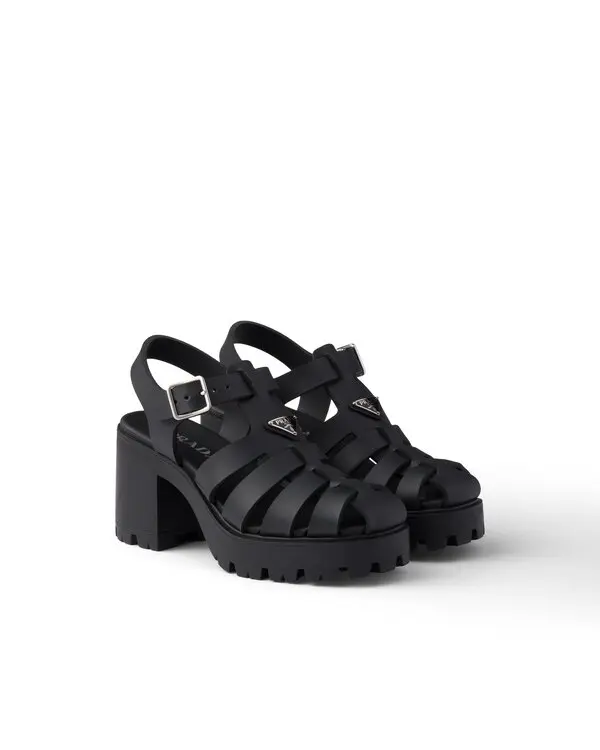 Prada Rubber Platform Sandals With Metal Buckle And Enamelled Triangle Logo - Black