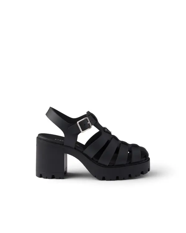 Prada Rubber Platform Sandals With Metal Buckle And Enamelled Triangle Logo - Black