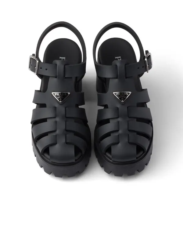 Prada Rubber Platform Sandals With Metal Buckle And Enamelled Triangle Logo - Black