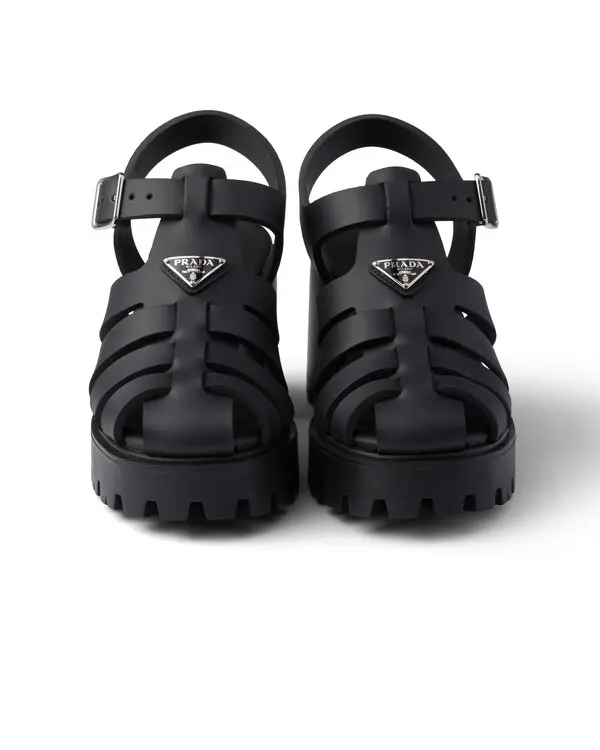 Prada Rubber Platform Sandals With Metal Buckle And Enamelled Triangle Logo - Black