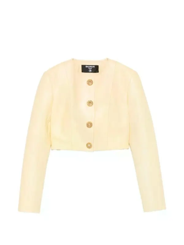 Balmain Lambskin Cropped Jacket With Lion Head Buttons - Neutrals