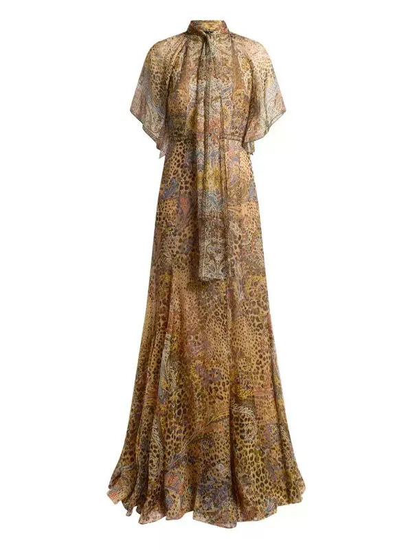 Etro Silk Chiffon Maxi Dress With Paisley And Animal Print - Neutrals